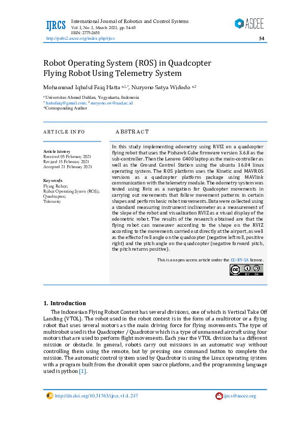 (PDF) Robot Operating System (ROS) in Quadcopter Flying Robot Using Telemetry System