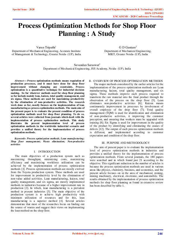 (PDF) Process Optimization Methods for Shop Floor Planning : A Study
