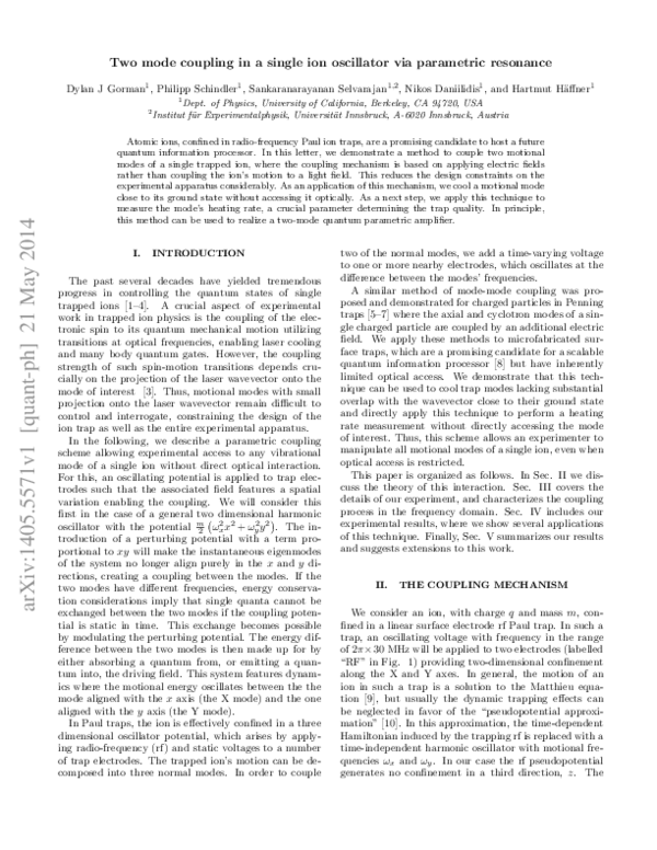 (PDF) Two-mode coupling in a single-ion oscillator via parametric resonance