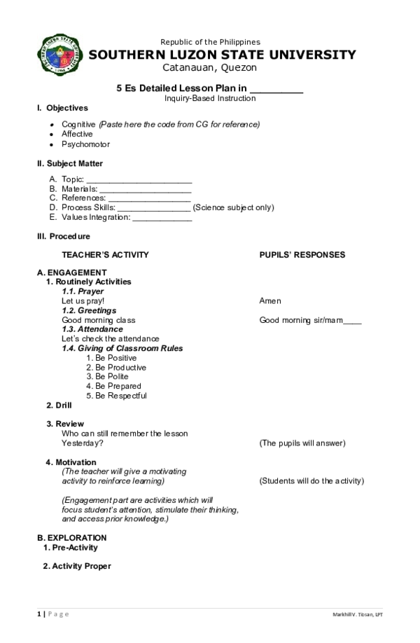 (DOC) 5 Es Approach Detailed Lesson Plan Format