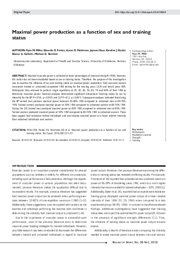 (PDF) Maximal power production as a function of sex and training status | Japneet Kaur ...