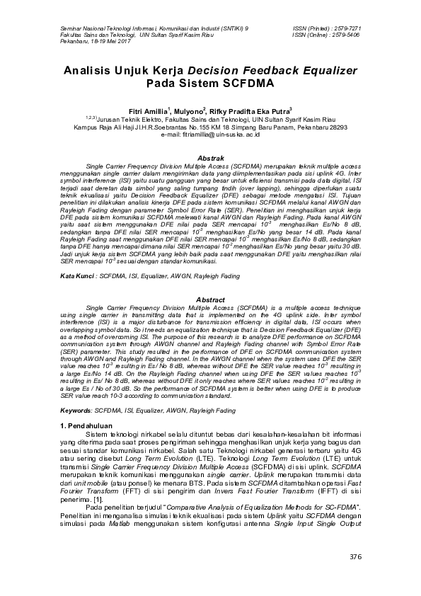 (PDF) Analisis Unjuk Kerja Decision Feedback Equalizer Pada Sistem SCFDMA