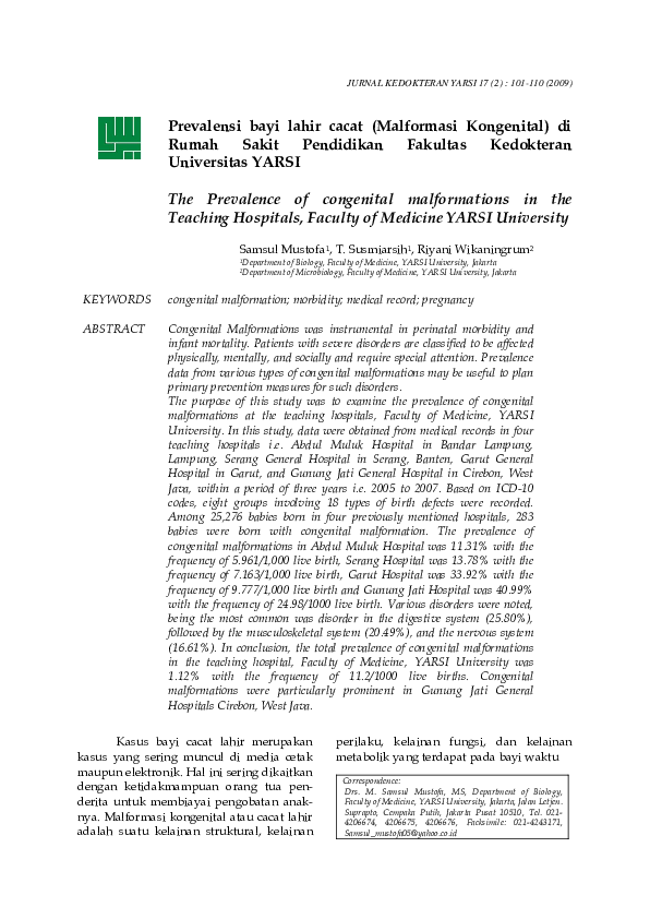 (PDF) Prevalensi bayi lahir cacat (Malformasi Kongenital) di Rumah ...