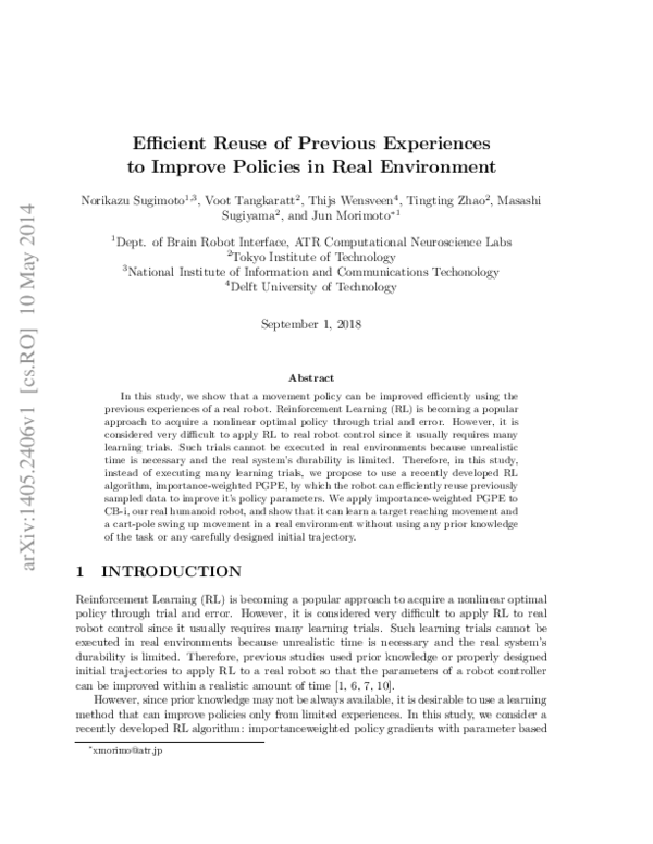 (PDF) Efficient Reuse of Previous Experiences to Improve Policies in Real Environment