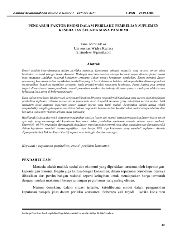 (PDF) Pengaruh Faktor Emosi Dalam Perilaku Pembelian Suplemen Kesehatan Selama Masa Pandemi