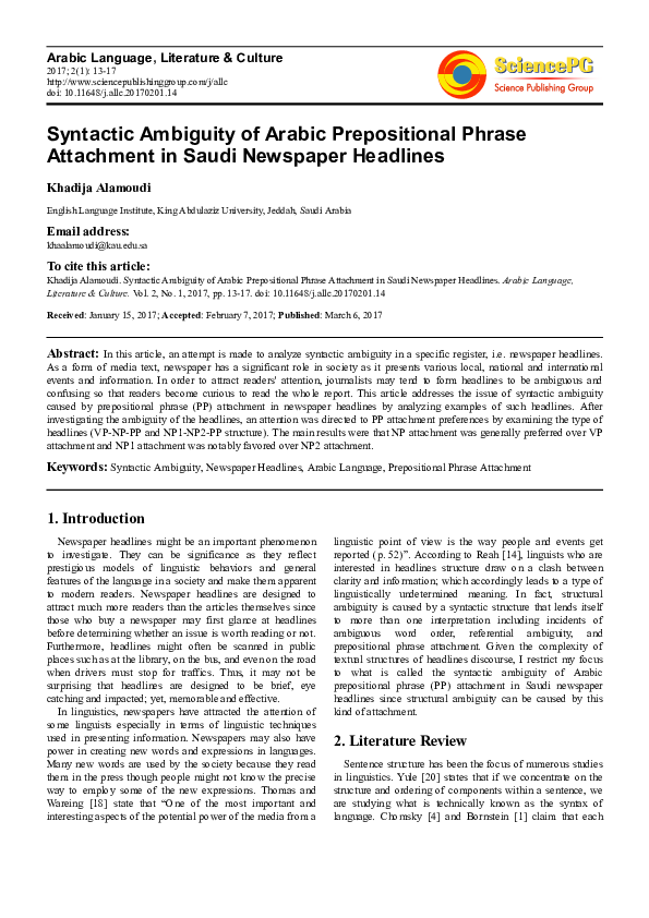 (PDF) Syntactic Ambiguity of Arabic Prepositional Phrase Attachment in Saudi Newspaper Headlines