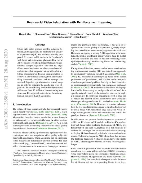 (PDF) Real-world Video Adaptation with Reinforcement Learning | Shannon ...