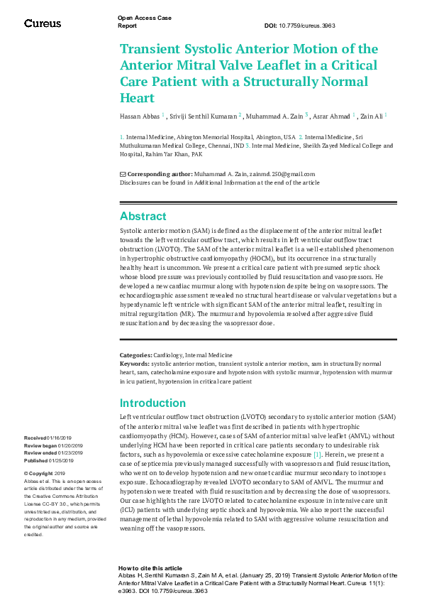 (PDF) Transient Systolic Anterior Motion of the Anterior Mitral Valve ...