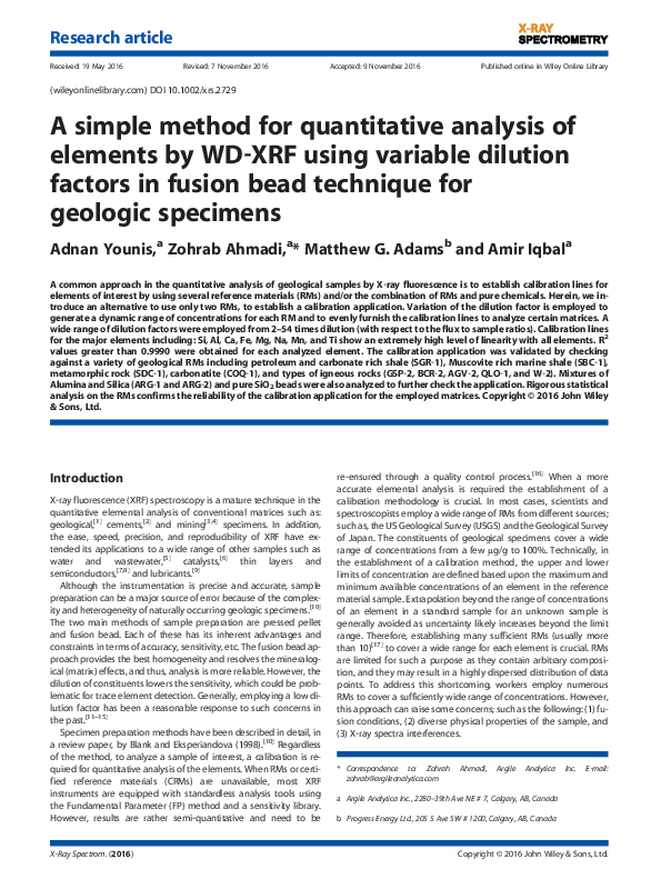 Pdf A Simple Method For Quantitative Analysis Of Elements By Wd Xrf Using Variable Dilution