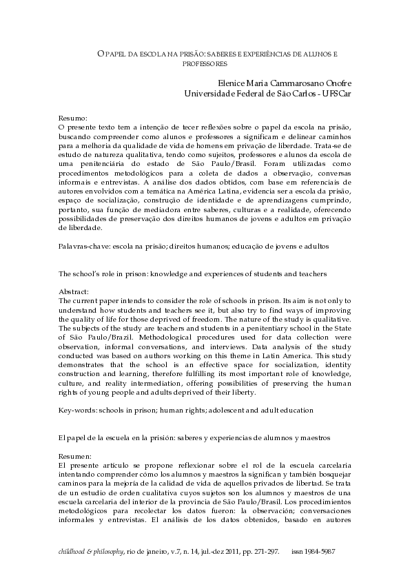 (PDF) The School’s Role in Prison: Knowledge and Experiences of ...