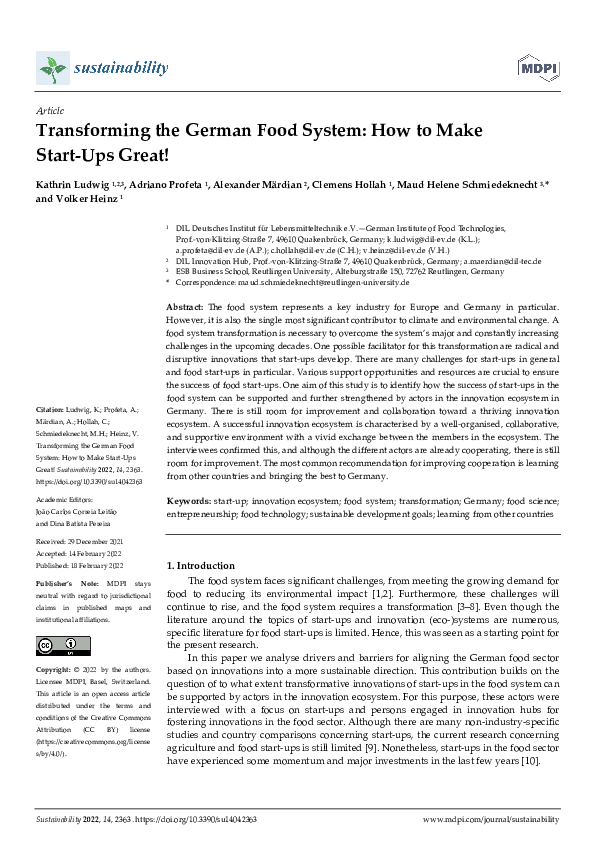 (PDF) Transforming the German Food System – How to Make Start-ups Great!