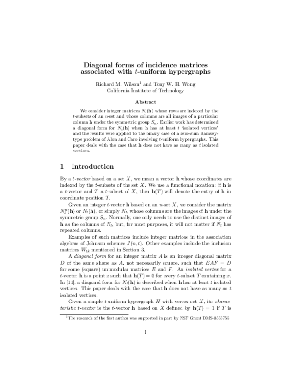 (PDF) Diagonal forms of incidence matrices associated witht-uniform hypergraphs