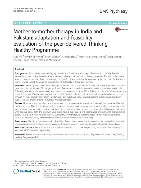 (PDF) Mother-to-mother therapy in India and Pakistan: adaptation and ...