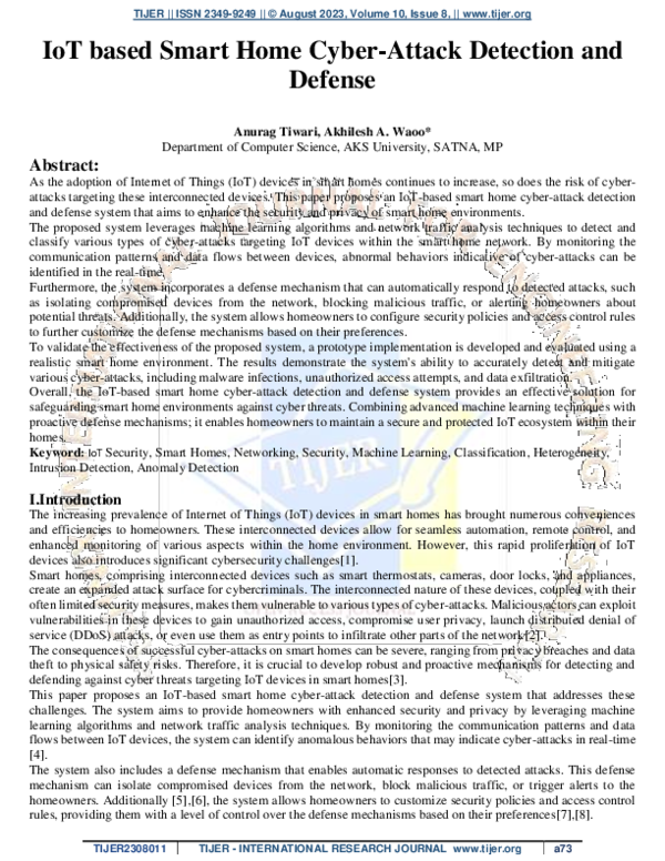 (PDF) IoT based Smart Home Cyber-Attack Detection and Defense