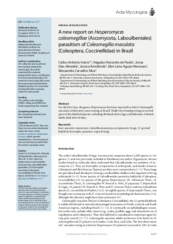 (PDF) A new report on Hesperomyces coleomegillae (Ascomycota ...