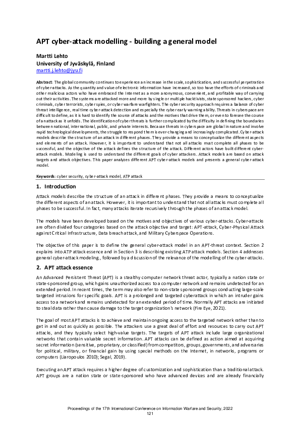 Pdf Apt Cyber Attack Modelling Building A General Model
