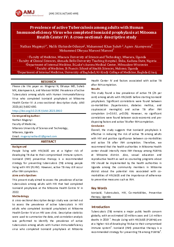 (PDF) Prevalence of active Tuberculosis among adults with Human ...