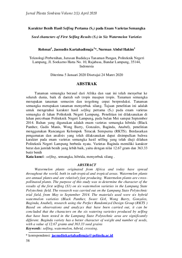 (PDF) Karakter Benih Hasil Selfing Pertama (S1) pada Enam Varietas Semangka