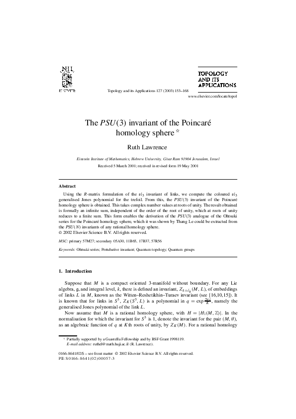 (PDF) The PSU(3) invariant of the Poincaré homology sphere | Ruth ...