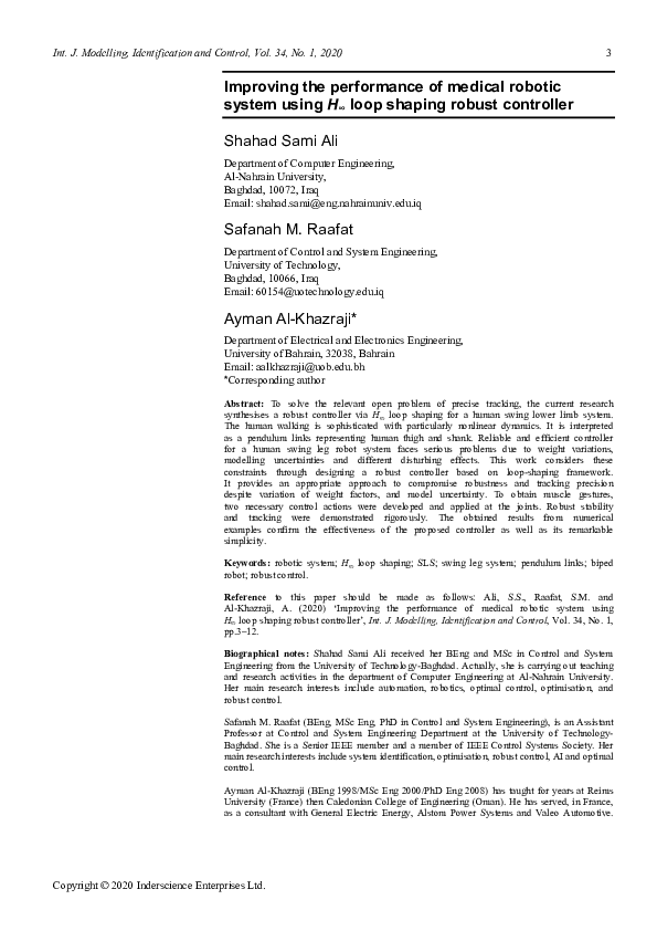 Pdf Improving The Performance Of Medical Robotic System Using H∞ Loop Shaping Robust Controller