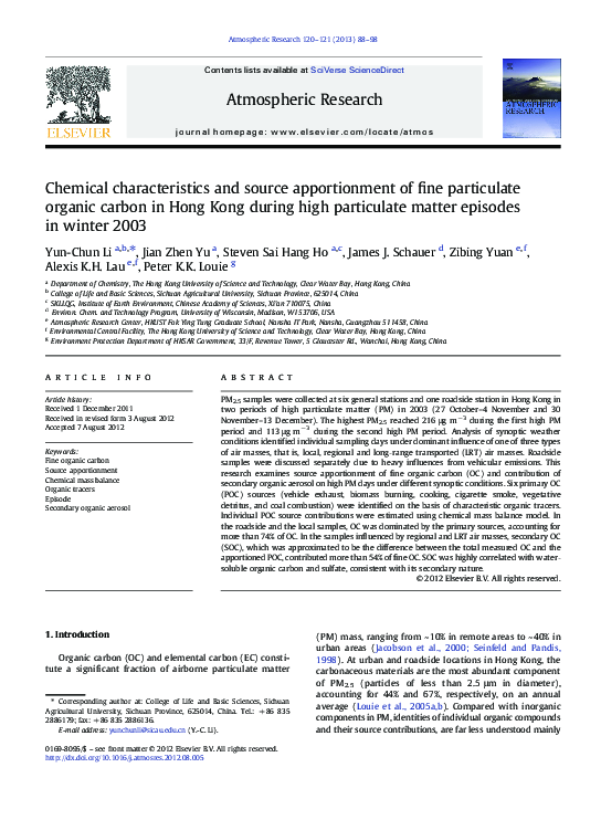 Pdf Chemical Characteristics And Source Apportionment Of Fine Particulate Organic Carbon In