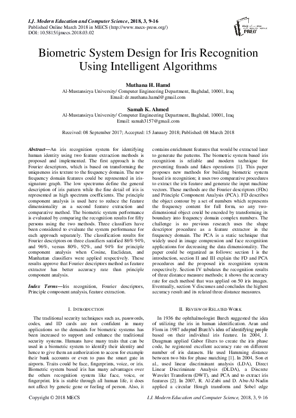 (PDF) Biometric System Design for Iris Recognition Using Intelligent Algorithms | Samah Samah ...