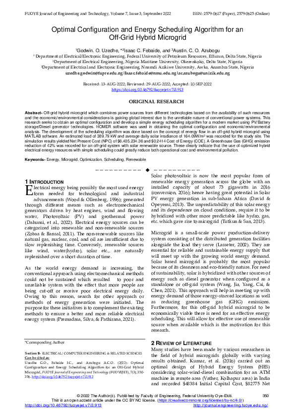 (PDF) Optimal Configuration and Energy Scheduling Algorithm for an Off-Grid Hybrid Microgrid