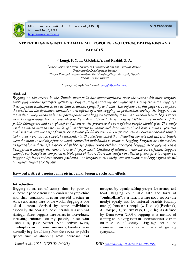 (PDF) STREET BEGGING IN THE TAMALE METROPOLIS: EVOLUTION, DIMENSIONS ...