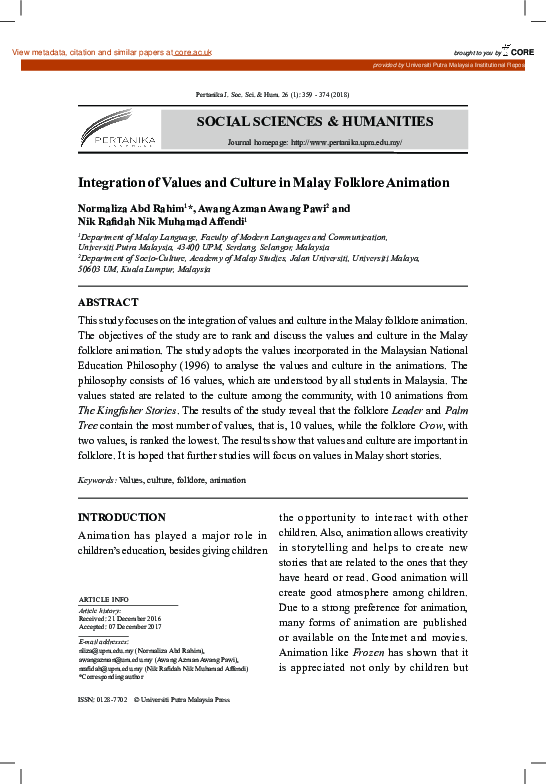 (PDF) Integration of values and culture in Malay folklore animation