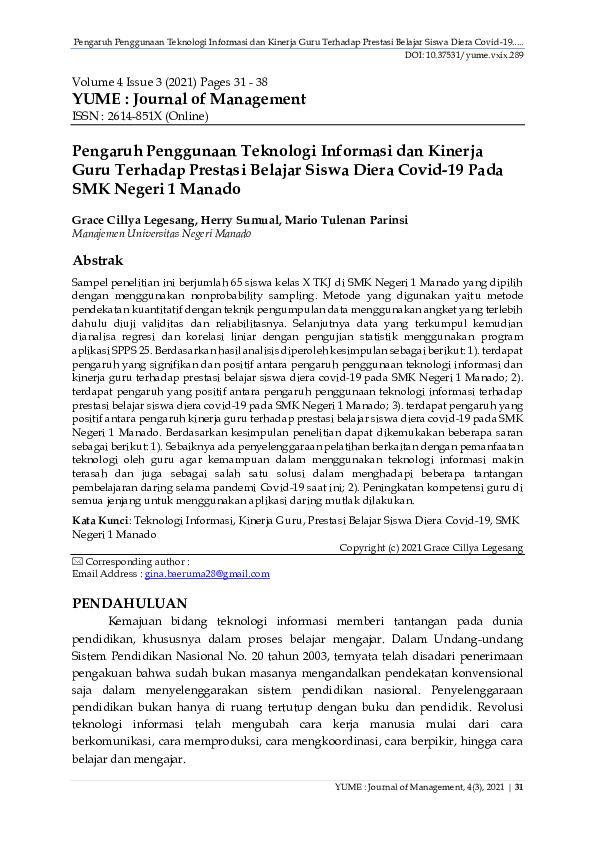 (PDF) Pengaruh Penggunaan Teknologi Informasi dan Kinerja Guru Terhadap Prestasi Belajar Siswa ...