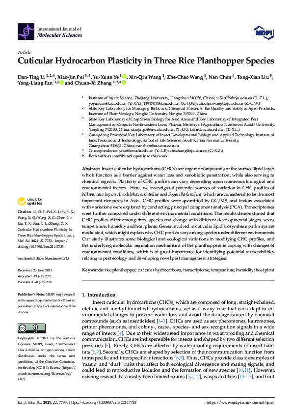 (PDF) Cuticular Hydrocarbon Plasticity in Three Rice Planthopper Species