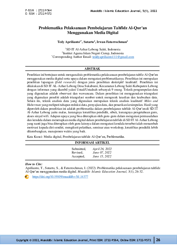 (PDF) Problematika Pelaksanaan Pembelajaran Tahfidz Al-Qur’an Menggunakan Media Digital