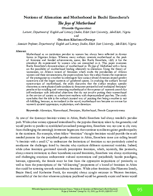 (PDF) Notions of Alienation and Motherhood in Buchi Emecheta’s The Joys ...
