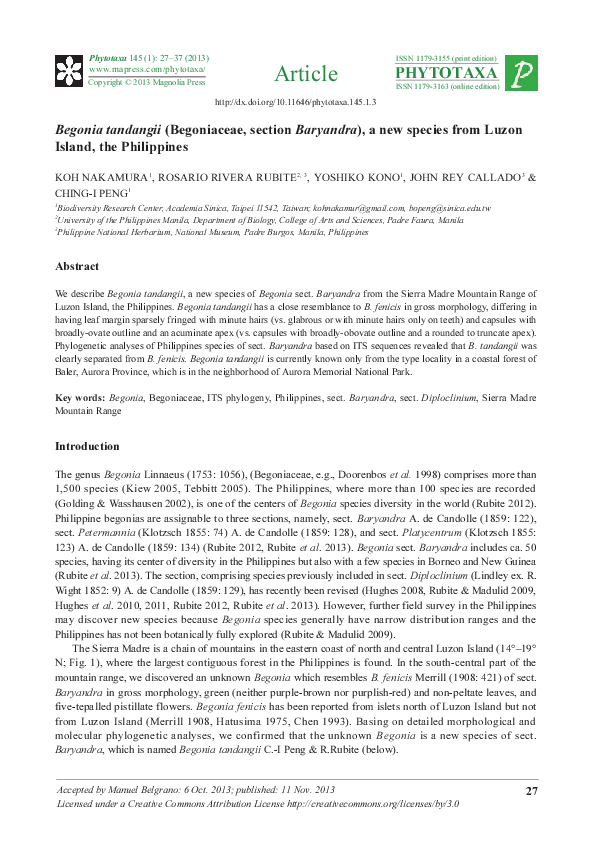 (PDF) Begonia adamsensis (sect. Baryandra, Begoniaceae), a new species ...