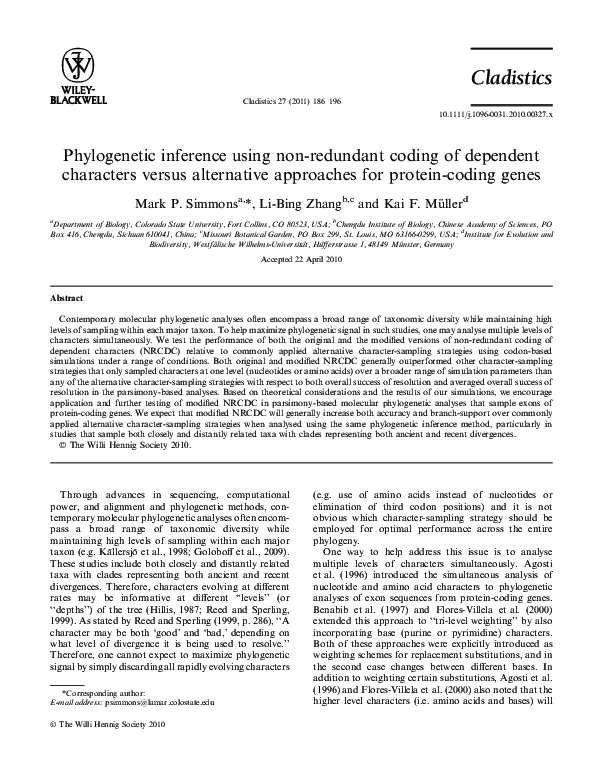 (PDF) Phylogenetic inference using non-redundant coding of dependent characters versus ...