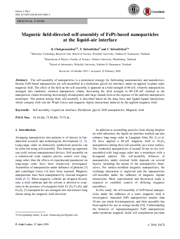 (PDF) Magnetic field-directed self-assembly of FePt-based nanoparticles ...