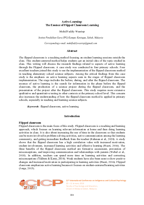 (PDF) Active Learning: The Essence of Flipped Classroom Learning