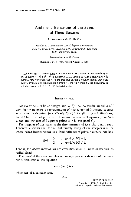 (PDF) Arithmetic behaviour of the sums of three squares | Pilar Bayer - Academia.edu