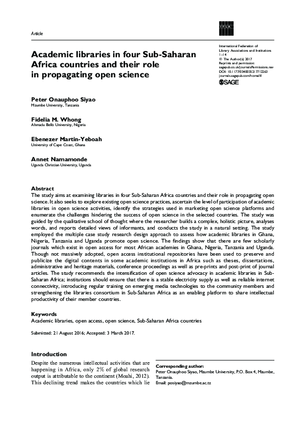 (PDF) Academic libraries in four Sub-Saharan Africa countries and their ...