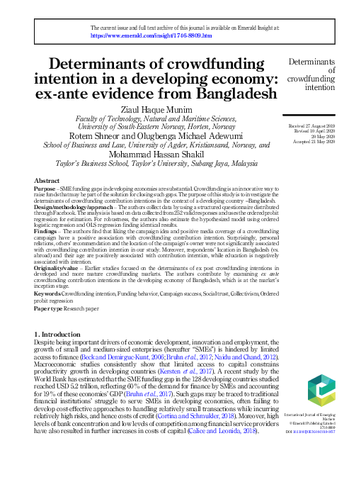 (PDF) Determinants of crowdfunding intention in a developing economy: ex-ante evidence from ...