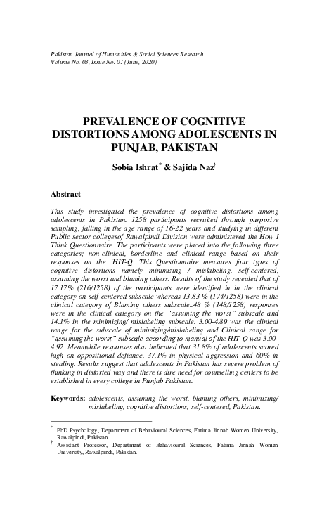 (PDF) Prevalence of Cognitive Distortions Among Adolescents in Punjab ...