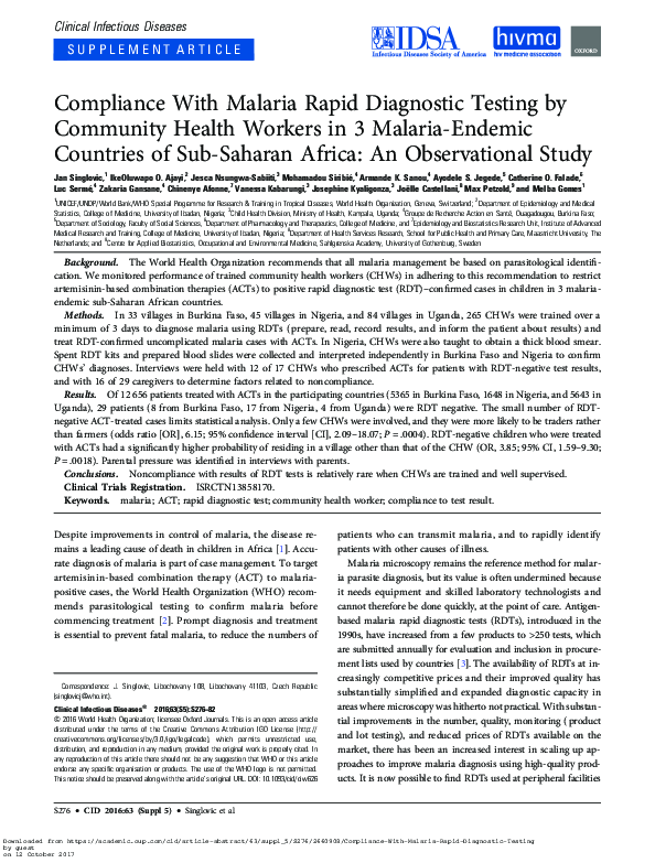 (PDF) Compliance With Malaria Rapid Diagnostic Testing by Community ...