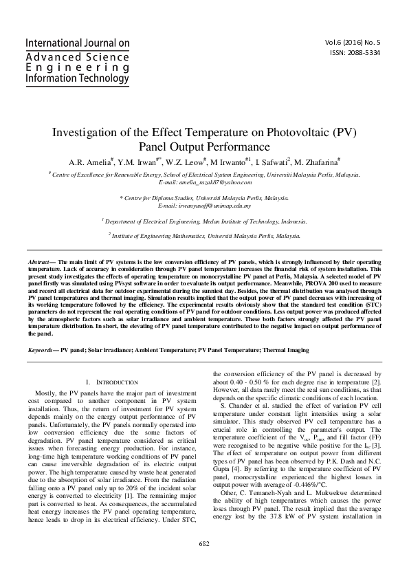 (PDF) Investigation of the Effect Temperature on Photovoltaic (PV) Panel Output Performance