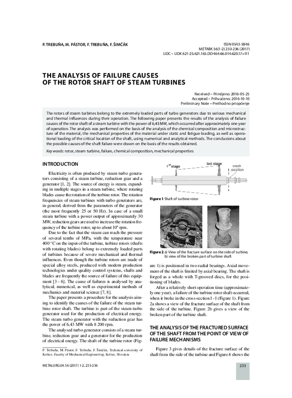 (PDF) The analysis of failure causes of the rotor shaft of steam turbines