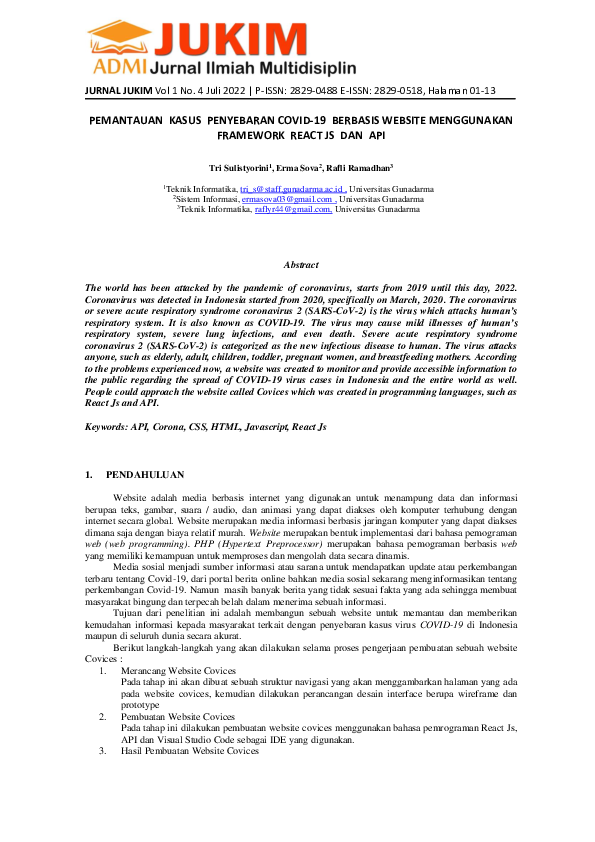 (PDF) Pemantauan Kasus Penyebaran COVID-19 Berbasis Website Menggunakan ...