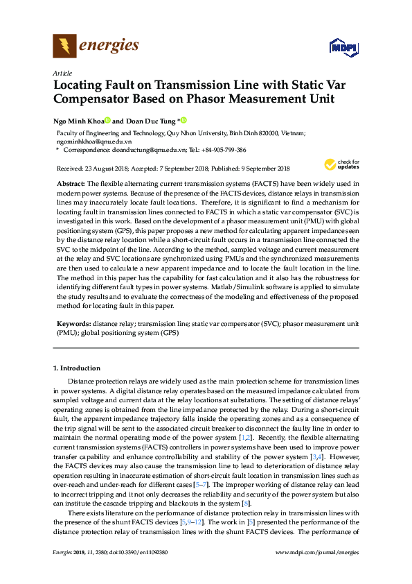 (PDF) Locating Fault on Transmission Line with Static Var Compensator Based on Phasor ...