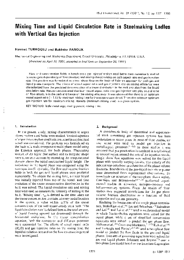 (PDF) Mixing Time and Liquid Circulation Rate in Steelmaking Ladles ...