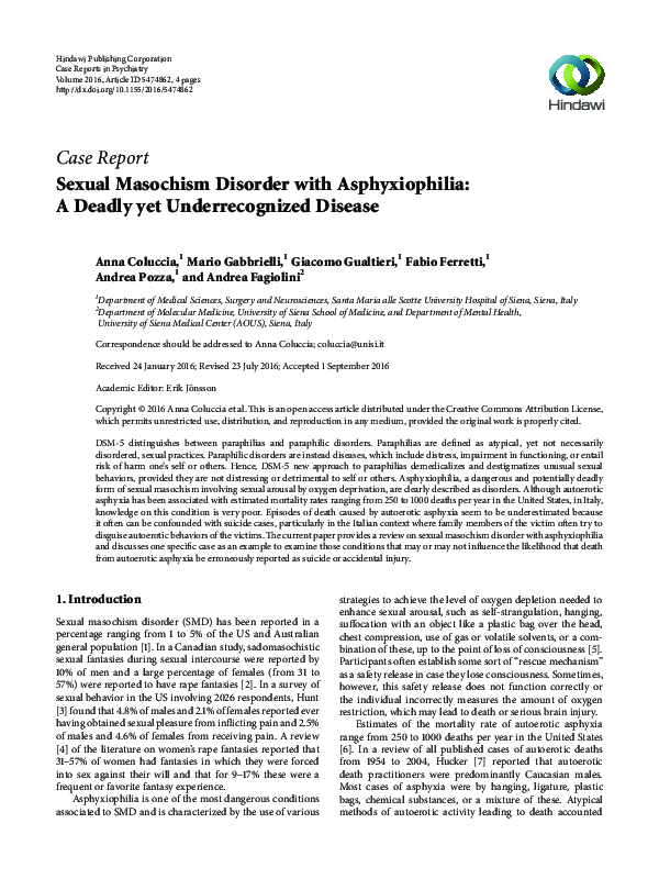 (PDF) Sexual Masochism Disorder with Asphyxiophilia: A Deadly yet ...