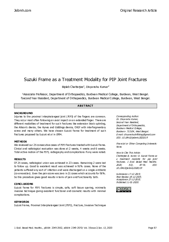(PDF) Suzuki Frame as a Treatment Modality for PIP Joint Fractures ...