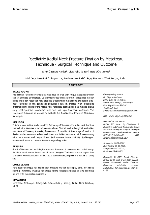 (PDF) Paediatric Radial Neck Fracture Fixation by Metaizeau Technique ...